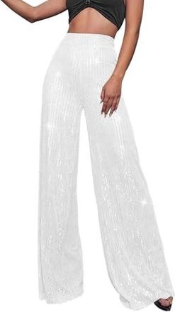 Generic Pantalon palazzo &agrave; paillettes taille haute pour femme, pantalon long pour f&ecirc;te, club, leggings larges, blanc, 5XL