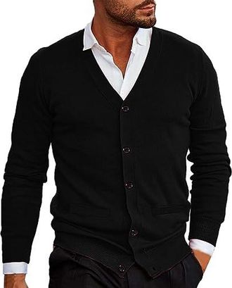 Generic Cardigan l&eacute;ger pour homme, &eacute;l&eacute;gant, d&eacute;contract&eacute;, doux et confortable, col en V, boutons, pull en tricot, coupe ajust&eacute;e, manches longues, pull thermiqu
