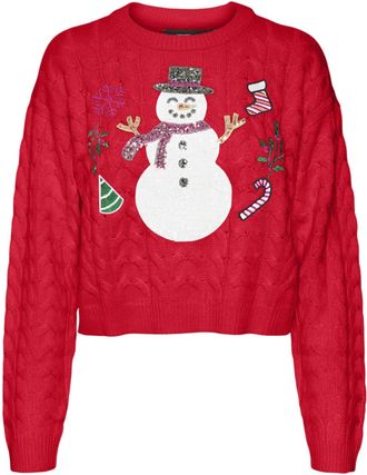 Vero Moda Damen Vmsnowman Cable Ls Short Pullover Xmas Strickpullover, Chinese Red/Detail:W. SEQUINCES + Embroidery, M