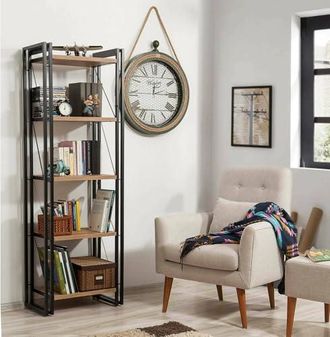 Dmora Bücherregal Sol, Büroregal, Mobiler Buchhalter, Bücherbrett, 60x35h180 cm, Eiche und Schwarz