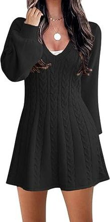 Minetom Robe Pull Femme Col V Tricot&eacute; Robe Pull &Agrave; Manches Longues Automne Hiver Mini Robe Couleur Unie Long Pullover A Noir M