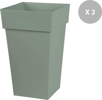 Eda Lot de 2 pots de fleur carr&eacute; 39 x 39 x H.65 cm - Vert laurier - 62 L - Polypropyl&egrave;ne r&eacute;sistant aux UV et gel - Zone de r&eacute;tention deau