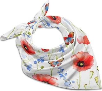 Generic Foulard carré en soie avec motif papillon et coquelicot - Écharpe légère à laquarelle pour cheveux - Respirant - Cadeau pour femme et homme, multicolo