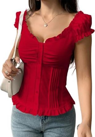 Generic Chemisier court pliss&eacute; &agrave; &eacute;paules d&eacute;nud&eacute;es et encolure en coeur pour femme, Rouge, XL