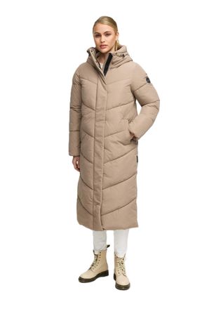 Marikoo Damen Wintermantel (XS-6XL) - gesteppt, mit Kapuze, Bel&uuml;ftungsschlitz - N090 - TaupeGrey Gr&ouml;&szlig;e M - Gr.M