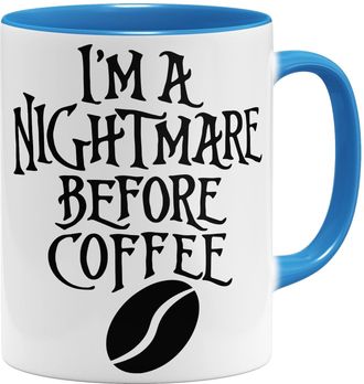 OM3 A Nightmare Before Coffee Kaffee-Tasse mit Spruch - Statement - Weihnachten - Keramik Becher - 325ml - Beidseitig Bedruckt - Hellblau