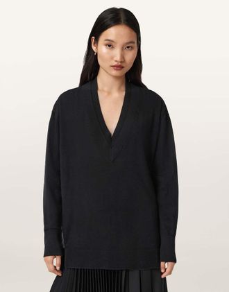 AllSaints Bern - Sweatshirt in Schwarz mit V-Ausschnitt