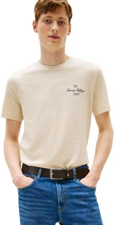 Tommy Hilfiger Herren T-Shirt Kurzarm Outline Script Tee Regular Fit, Beige (Heathered Oatmilk), XL