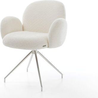 DELIFE Drehstuhl Nube-Flex mit Armlehnen Bouclé Weiß Kreuzgestell konisch Edelstahl 180° drehbar Taschenfederkern, Esszimmerstühle