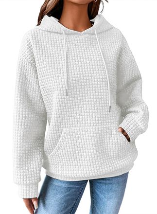 Dokotoo Kapuzenpullover Damen Hoodie Waffel Pullover mit Taschen Kordelzug Sweatshirt Einfarbig Langarmshirt L&auml;ssig Oberteile Wei&szlig; M