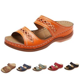 Generic Sandales orthop&eacute;diques pour femme - Pantoufles d&eacute;t&eacute; confortables en cuir - Chaussures plates compens&eacute;es &agrave; bout ouvert - Respirantes - Style floral - P