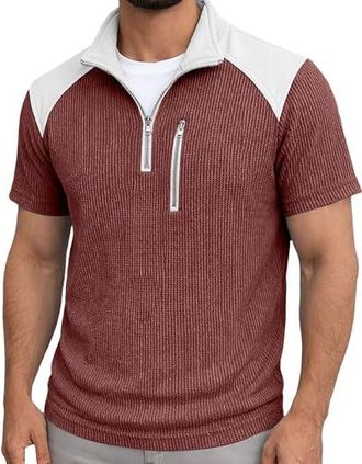 Generic Polo gaufr&eacute; avec fermeture &eacute;clair 1/4 pour homme, haut uni &agrave; manches courtes, pull tendance &agrave; col &agrave; revers, doux &agrave; porter, respirant et durable, costu