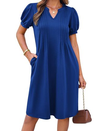 Grace Karin Damen Einfarbige V-Ausschnitt Sommer Kurzarm Kleider für Hochzeitsgäste A Linie Knielang Mit Taschen Freizeitkleider Elegant Saphir S