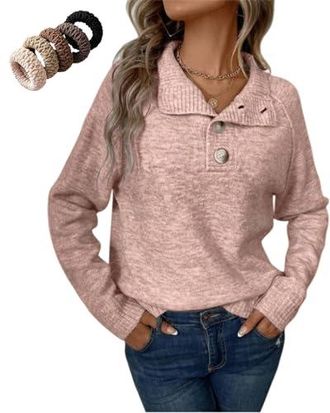 Generic Pull en tricot torsad&eacute; boutonn&eacute; &agrave; col montant pour femme, manches longues, confortable, l&eacute;ger, ample, d&eacute;contract&eacute;, travail, automne, rose, XL