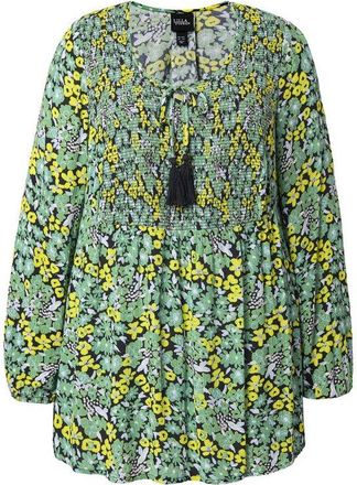 Ulla Popken Druckbluse Smokbluse Bl&uuml;ten A-Linie Rundhals Langarm