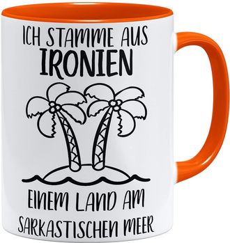 OM3 Ich stamme aus Ironien einem Land am sarkastischen Meer Kaffee-Tasse - Keramik Becher - 11oz 325ml - Spruchtasse mit Palme & Insel - Orange