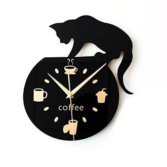 WINOMO Winomo Horloge murale style dessin anim&eacute; avec visuel de chat qui grimpe, tasse &agrave; caf&eacute; et inscription &laquo; Coffee &raquo;
