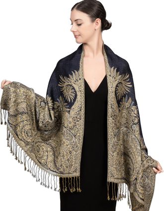 achillea Pashmina-Schal mit Fransen, weich, seidig, wendbar, Paisleymuster, Big Paisley Navy
