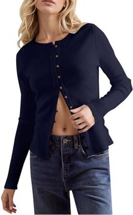 Generic Vestes pour femmes 2026 - Couleur unie - Coupe ajust&eacute;e - Boutonn&eacute;e - Manches longues - Col rond - Haut c&ocirc;tel&eacute; tricot&eacute;, bleu marine, XL