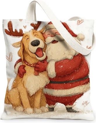 Generic Sacs fourre-tout en toile motif P&egrave;re No&euml;l, sacs d&eacute;picerie r&eacute;utilisables, style dessin anim&eacute;, vintage, l&eacute;ger, lavable, bandouli&egrave;re en toile pour T, bla