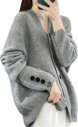 Generic Cardigan classique 100 % laine &agrave; col rond et manches longues pour femme, gris, Taille Unique