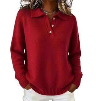 Generic Pull classique à col polo boutonné de couleur unie pour femme, pull tricoté à manches longues et col en V, Rouge, 4XL