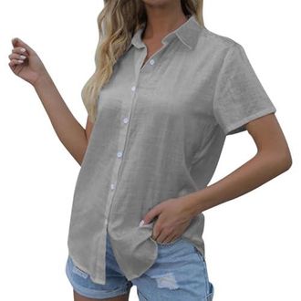 Generic Chemise d&eacute;t&eacute; en coton et lin &agrave; col en V pour femme - Hauts en coton et lin &agrave; manches courtes - Chemises blanches boh&egrave;me baggy chemises Linentops - Hau
