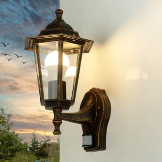 Licht-Erlebnisse Wandaußenleuchte mit Bewegungsmelder Aluminium Glas in Kupfer Antik IP44 Garten T:23 cm E27 Sensor Rustikale Wandlampe Outdoor PARIS