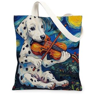 Generic Sac fourre-tout en toile pour faire du shopping, motif chien dalmatien, 33 x 38,1 cm, motif violon nocturne &eacute;toil&eacute;, sac d&eacute;picerie r&eacute;utilisable pour fe