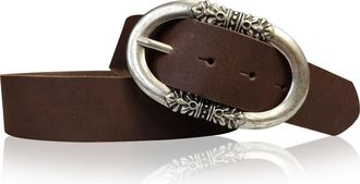 Fronhofer G&uuml;rtel Damen 3,6 cm mit ovaler G&uuml;rtelschnalle und Arabesken, echt Leder, 18677, Gr&ouml;&szlig;e:K&ouml;rperumfang 120 cm/Gesamtl&auml;nge 135 cm, Farbe:Dunkelbraun