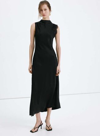 Mango Robe longue satin&eacute;e d&eacute;tails dentelle noir - Femme - XS - MANGO