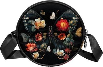 Generic Sac &agrave; bandouli&egrave;re rond pour femme, motif floral et papillon, petit sac &agrave; dos &agrave; bandouli&egrave;re avec fermeture &eacute;clair, bretelles r&eacute;glables, sac &agrave; main rond