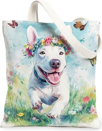 Generic Sac fourre-tout en toile motif chien Spring Bull Terrier 33 x 38 cm, motif papillons amusants, sac d&eacute;picerie r&eacute;utilisable pour femme, animal de compag