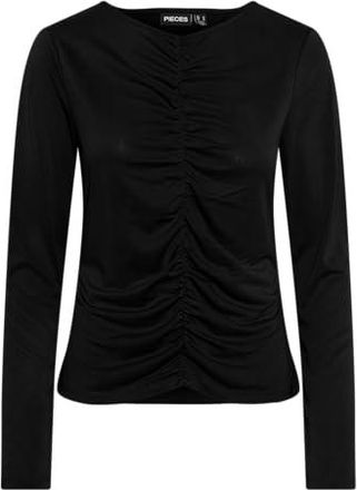 Pieces Pcanora Ls Ruching Top BC T-Shirt Manches Longues, Noir, M Femme