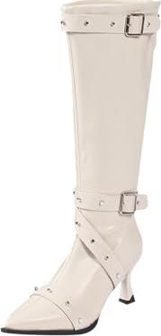 Generic Bottes hautes confortables en similicuir pour femme - Bout pointu - Boucle &eacute;l&eacute;gante - Fermeture &eacute;clair dans le dos - Talon chaton - Bottes longues dau