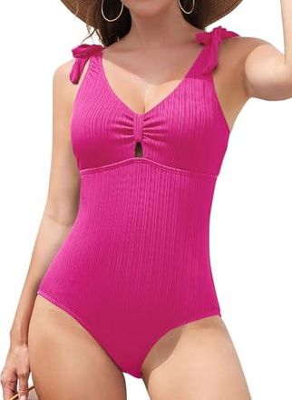 SHEKINI Maillot de bain une pièce pour femme avec col en V et bretelles réglables, Rose fluorescent, XL