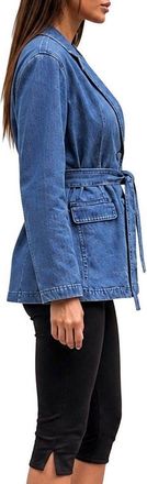Ital-Design Jeansjacke Damen Blazer mit G&uuml;rtel und Reverskragen (91978439) Used-Look Jeansjacke in Blau