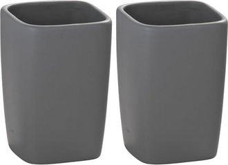 WENKO Zahnputzbecher Faro Grey - Zahnb&uuml;rstenhalter f&uuml;r Zahnb&uuml;rste und Zahnpasta, Keramik, 7.5 x 10.7 x 7.5 cm, Grau (Packung mit 2)