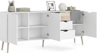 Dmora Sideboard mit drei T&uuml;ren und drei Schubladen, Wei&szlig; und Eiche, Ma&szlig;e 195 x 81 x 39 cm