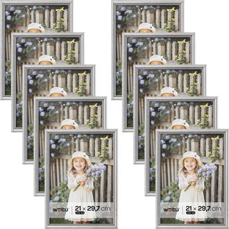 Woltu Bilderrahmen 21x29,7cm DIN A4 10er Set Fotorahmen Holzrahmen mit Passepartout, zum vertikalen oder horizontalen Aufh&auml;ngen/Aufstellen, Posterrahmen Col
