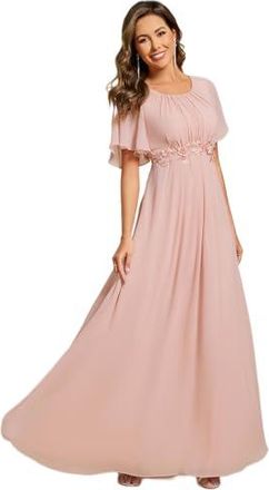 Ever-pretty Robe de Soirée Femme Moussline Applique Col Rond Manches Courtes Cérémonie Rose 48