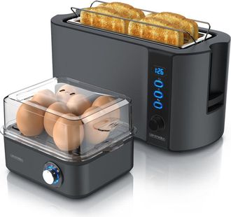 Arendo Arendo - 2-teiliges Fr&uuml;hst&uuml;cksset - 4-Scheiben Langschlitz Toaster, 8er Eierkocher, Grau