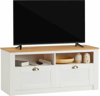 IDIMEX Meuble tv bolton 2 tiroirs et 2 niches, en pin massif blanc et brun