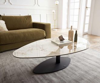 DELIFE Couchtisch Vibana 140x80 cm Keramik Minas Melange Weiß-Beige Gestell Metall Schwarz, Couchtische