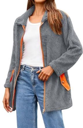 Generic Veste en peluche confortable pour femme - Automne/hiver - Couleur unie - Revers évasé à fermeture éclair - Manches longues - Vêtement dextérieur peluc