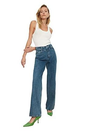 Trendyol Dark Blue Waist Detailed High Waist 90s Wide Leg Jeans, Jeans aux Femmes, Dark Blue, 42