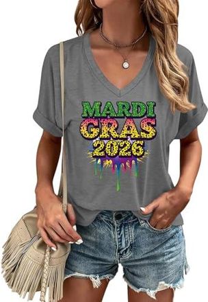 Generic T-shirt Mardi Gras pour femme, col en V - T-shirt d&eacute;contract&eacute; &agrave; manches courtes pour carnaval, v&ecirc;tements d&eacute;t&eacute; - pour les loisirs et les voyages, gris 