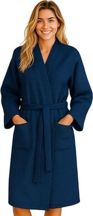 Morgenstern Peignoir de Bain Femme Kimono Coton Gaufre - Taille L - Bleu Foncé