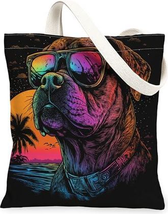 Generic Sac fourre-tout d&eacute;t&eacute; en toile motif chien pitbull pour faire du shopping, 33 x 38,1 cm, sac d&eacute;picerie r&eacute;utilisable pour femme, sac d&eacute;picerie r&eacute;tro pou