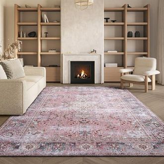 Safavieh Traditionell Teppich f&uuml;r Rug Ideal f&uuml;r stark frequentierte Bereiche - Maschinenwaschbar und rutschfest - Tucson Collection, Kurzer Flor, in Rosa und B